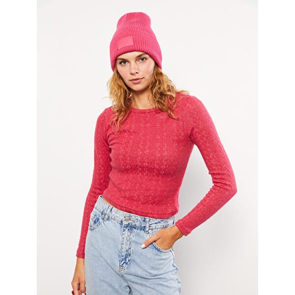 Bisiklet Yaka Kendinden Desenli Uzun Kollu Kadın Kazak