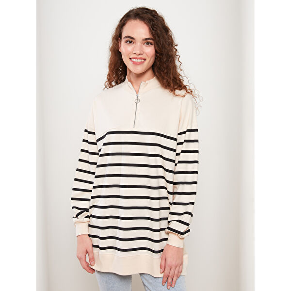 Dik Yaka Çizgili Uzun Kollu Oversize Kadın Tunik