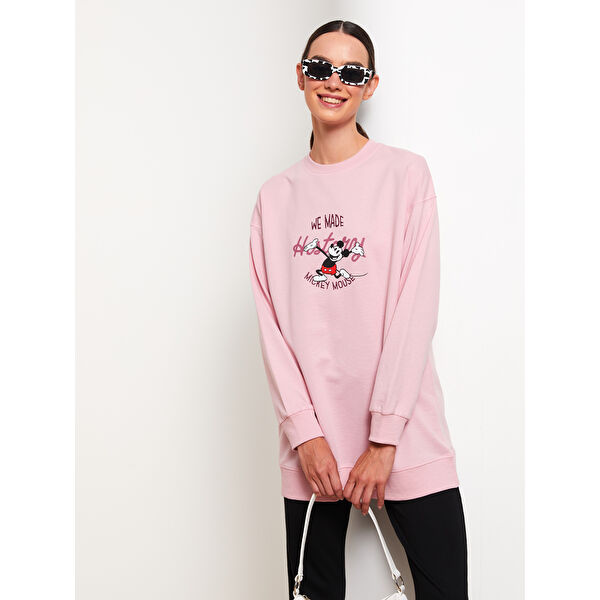 Bisiklet Yaka Mickey Mouse Baskılı Uzun Kollu Oversize Kadın Tunik