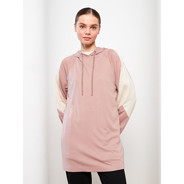 Kapüşonlu Renk Bloklu Uzun Kollu Oversize Kadın Tunik