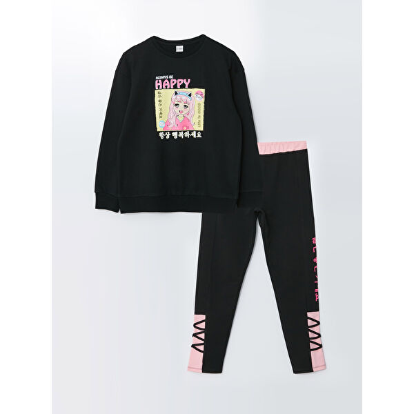 Bisiklet Yaka Baskılı Uzun Kollu Kız Çocuk Sweatshirt ve Tayt Bisiklet Yaka Baskılı Uzun Kollu Kız Çocuk Sweatshirt ve Tayt