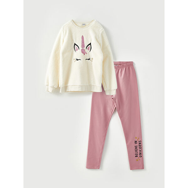 Bisiklet Yaka Nakışlı Uzun Kollu Kız Çocuk Sweatshirt ve Tayt Bisiklet Yaka Nakışlı Uzun Kollu Kız Çocuk Sweatshirt ve Tayt