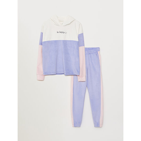Kapüşonlu Renk Bloklu Uzun Kollu Kadife Kız Çocuk Sweatshirt ve Eşofman Altı Kapüşonlu Renk Bloklu Uzun Kollu Kadife Kız Çocuk Sweatshirt ve Eşofman Altı
