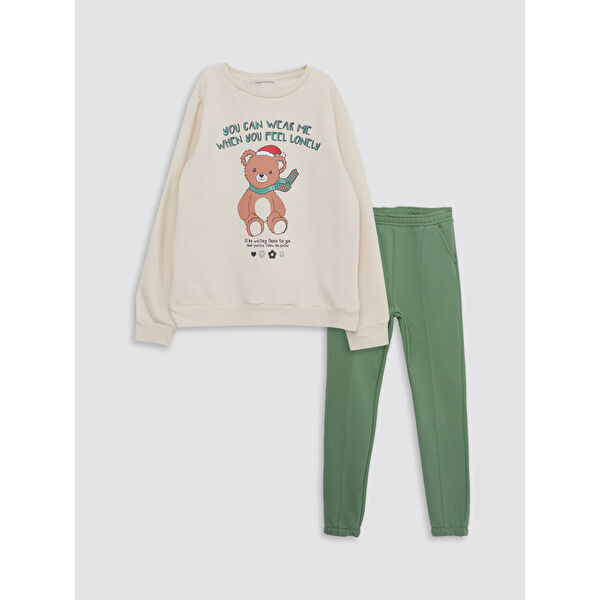Bisiklet Yaka Yılbaşı Temalı Uzun Kollu Kız Çocuk Sweatshirt ve Eşofman Altı Bisiklet Yaka Yılbaşı Temalı Uzun Kollu Kız Çocuk Sweatshirt ve Eşofman Altı