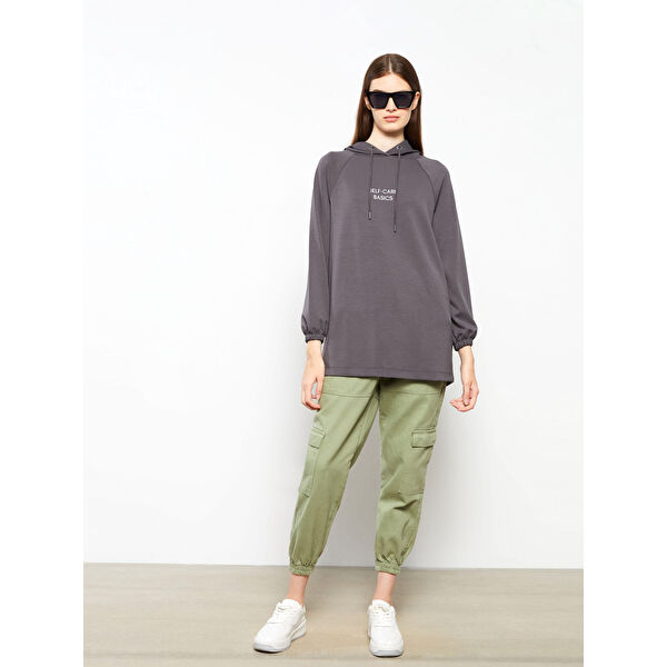 Kapüşonlu Baskılı Uzun Kollu Oversize Kadın Tunik