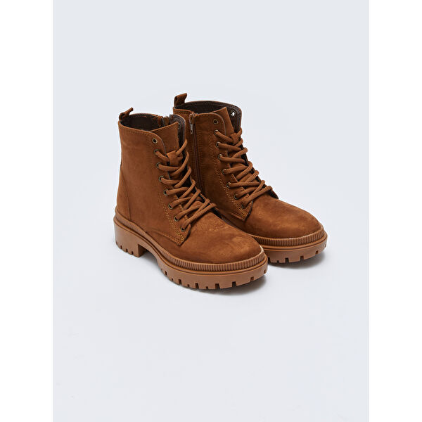 Deri Görünümlü Bağcıklı Fermuarlı Kadın Bot