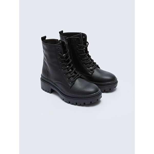 Deri Görünümlü Bağcıklı Fermuarlı Kadın Bot