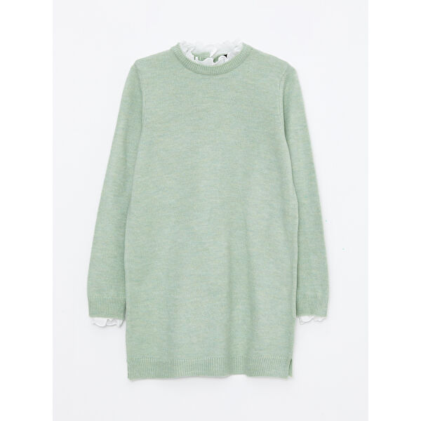 Fırfırlı Dik Yaka Düz Uzun Kollu Kadın Triko Tunik