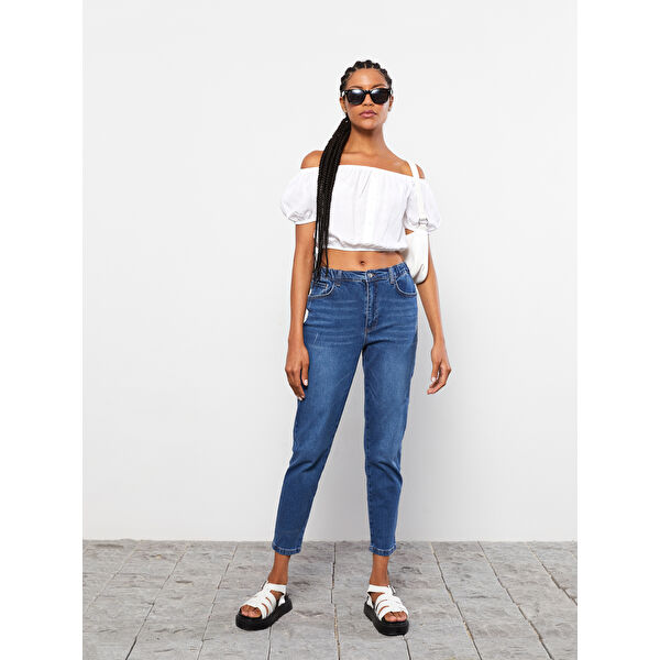 Beli Lastikli Standart Fit Düz Kadın Jean Pantolon