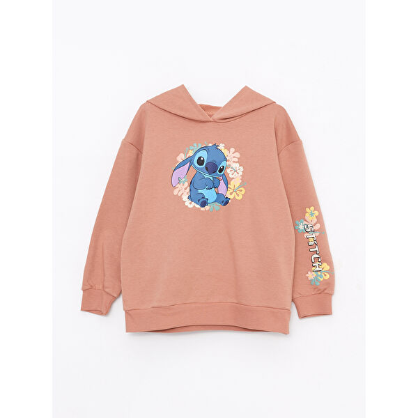 Kapüşonlu Stitch Baskılı Uzun Kollu Kız Çocuk Sweatshirt