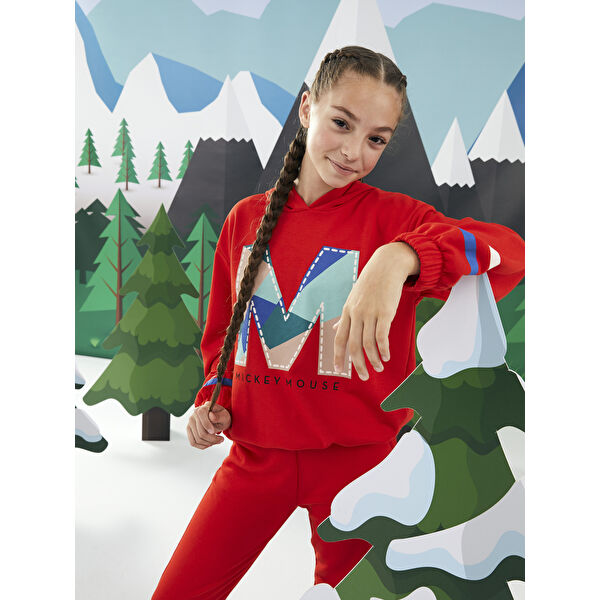 Kapüşonlu Mickey Mouse Baskılı Uzun Kollu Kız Çocuk Sweatshirt ve Eşofman Altı Kapüşonlu Mickey Mouse Baskılı Uzun Kollu Kız Çocuk Sweatshirt ve Eşofman Altı