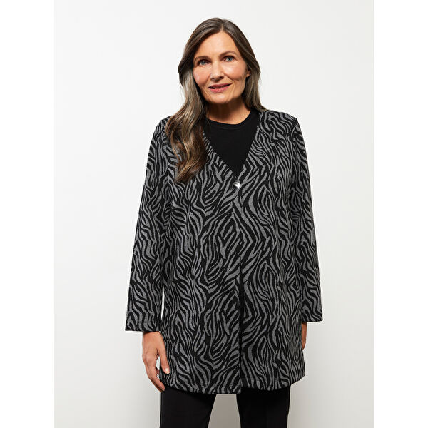 V Yaka Desenli Uzun Kollu Kadın Hırka