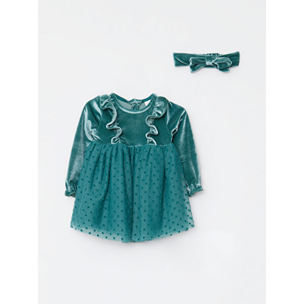 Bisiklet Yaka Uzun Kollu Kadife Kız Bebek Elbise ve Saç Bandı 2'li Takım