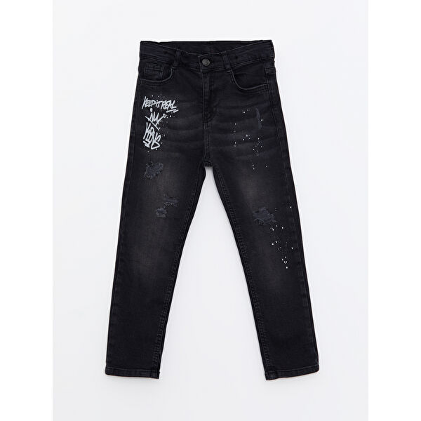 Baskılı Yırtık Detaylı Erkek Çocuk Jean Pantolon Baskılı Yırtık Detaylı Erkek Çocuk Jean Pantolon