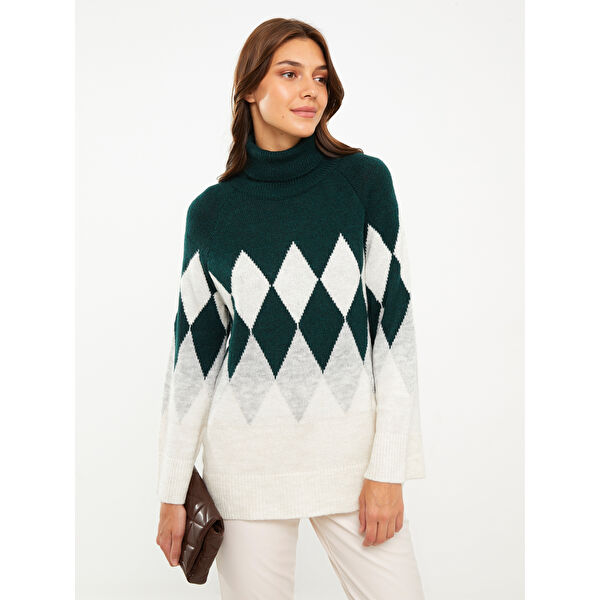 Balıkçı Yaka Desenli Uzun Kollu Kadın Triko Kazak