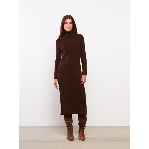 Balıkçı Yaka Düz Uzun Kollu Triko Kadın Elbise