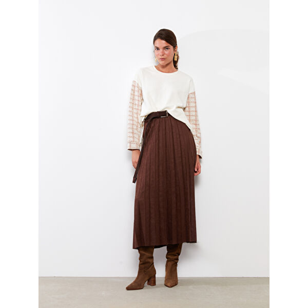 Beli Lastikli Düz Kadın Pileli Etek