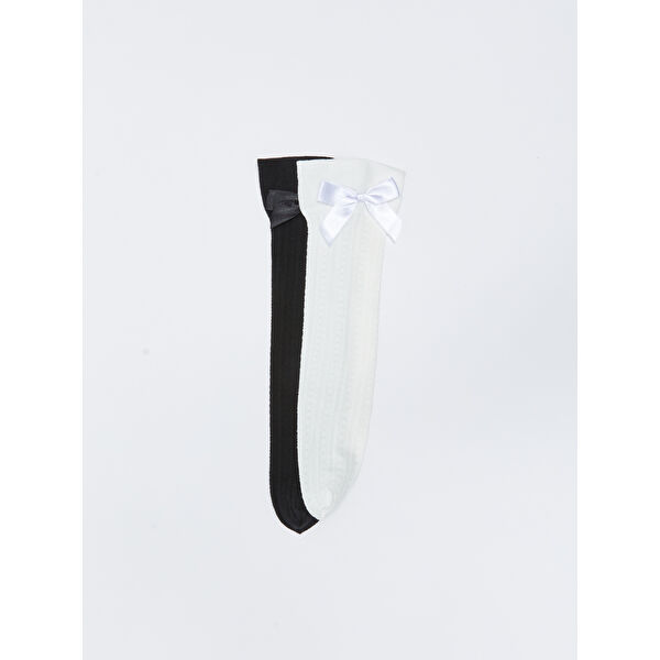 Fiyonk Detaylı Kız Çocuk Diz Altı Çorap 2'li