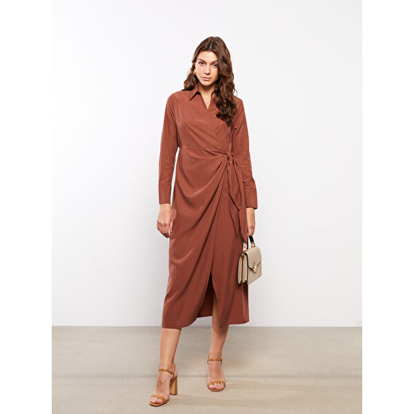 Kruvaze Yaka Düz Uzun Kollu Kadın Elbise