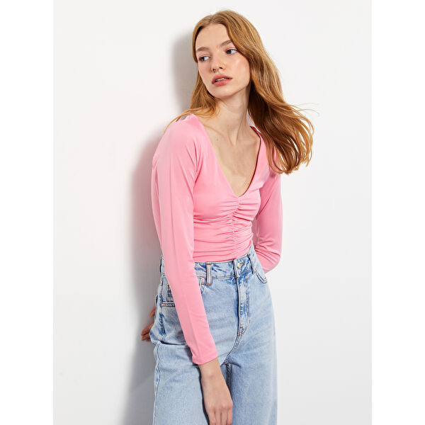 V Yaka Düz Uzun Kollu Kadın Bodysuit