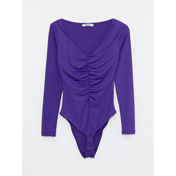 V Yaka Düz Uzun Kollu Kadın Bodysuit