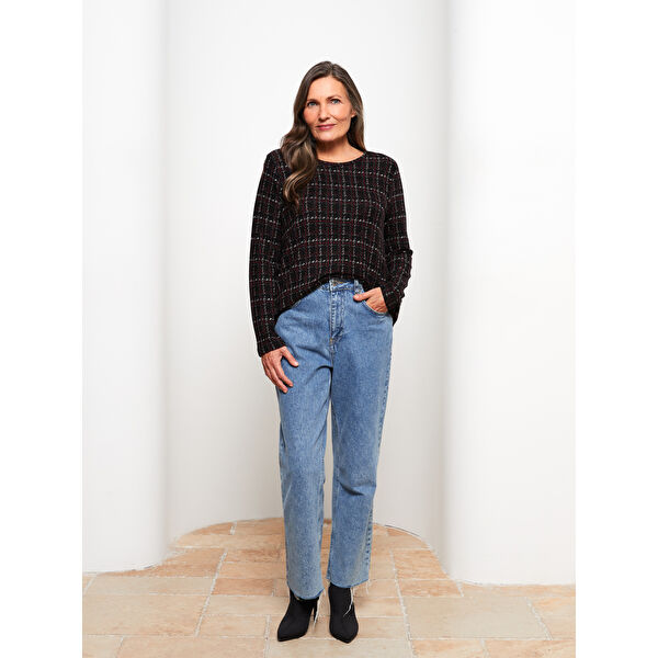 Bisiklet Yaka Desenli Uzun Kollu Kadın Tişört