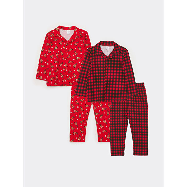 Polo Yaka Uzun Kollu Baskılı Erkek Bebek Pijama Takımı 4'lü