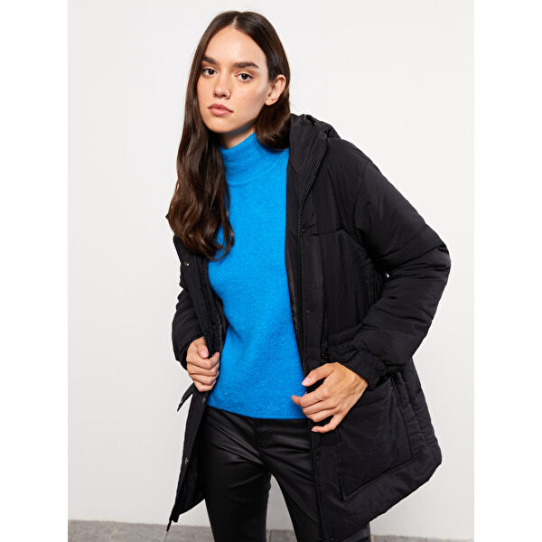 Kapüşonlu Düz Uzun Kollu Kadın Şişme Mont