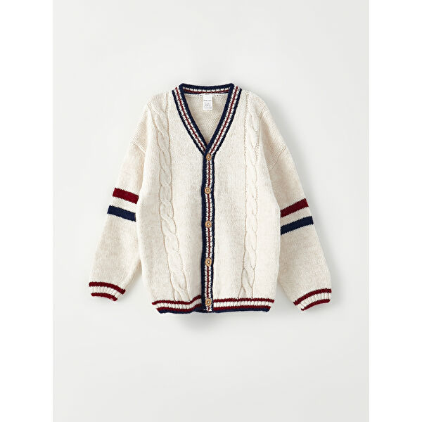 V Yaka Uzun Kollu Çizgili Erkek Bebek Triko Hırka V Yaka Uzun Kollu Çizgili Erkek Bebek Triko Hırka