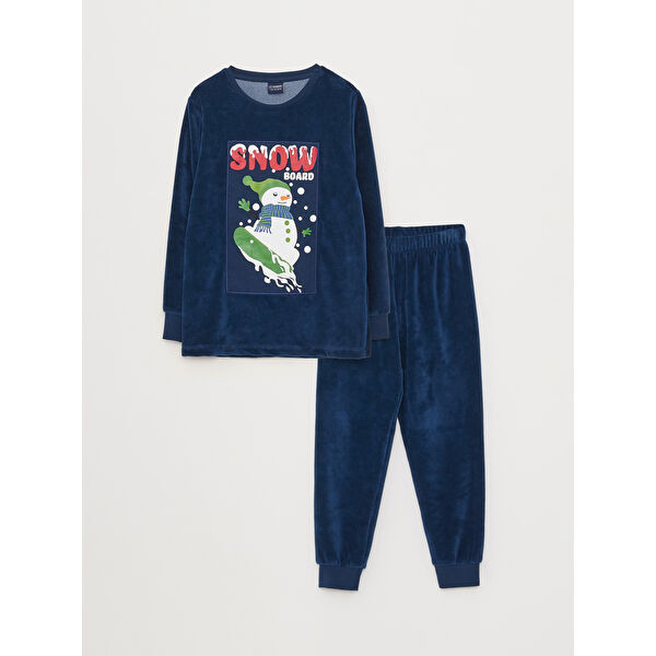 Bisiklet Yaka Nakışlı Uzun Kollu Kadife Erkek Çocuk Pijama Takımı