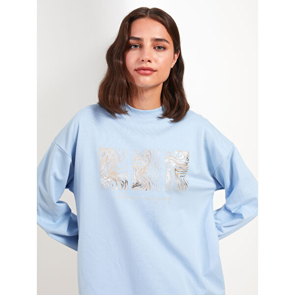 Bisiklet Yaka Baskılı Uzun Kollu Oversize Kadın Tunik