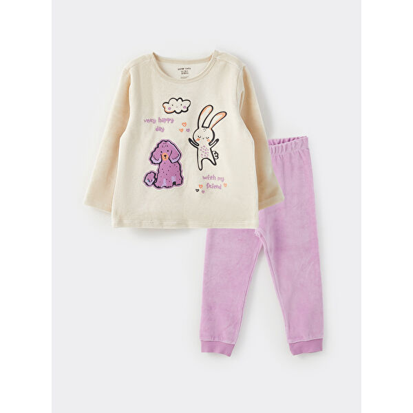 Bisiklet Yaka Uzun Kollu Baskılı Kız Bebek Kadife Pijama Takımı