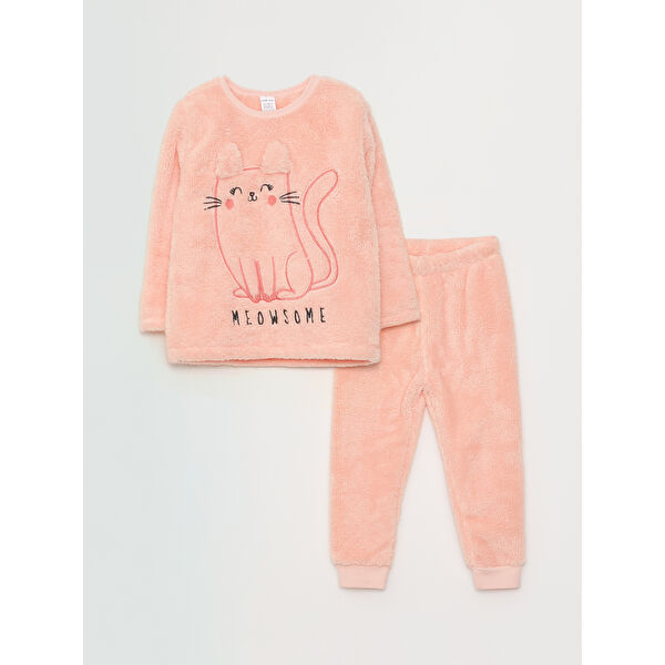 Bisiklet Yaka Uzun Kollu Nakış Detaylı Kız Bebek  Pelüş Pijama Takımı