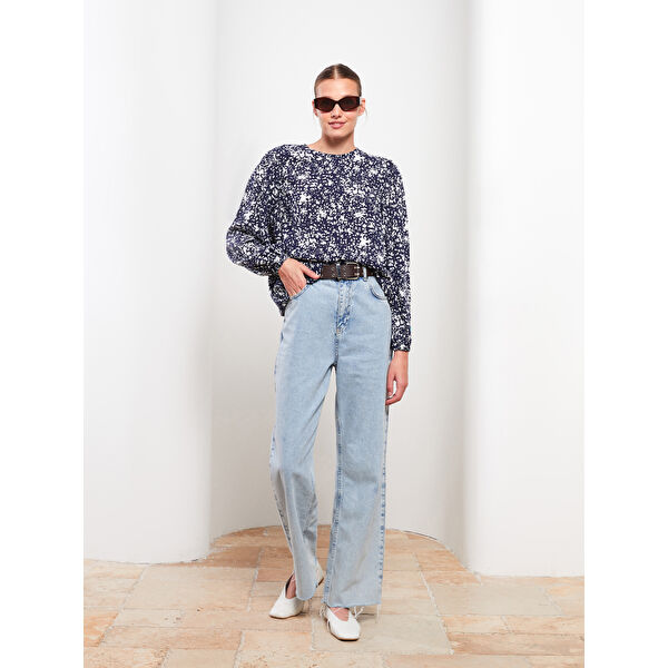 Bisiklet Yaka Desenli Uzun Kollu Viskon Kadın Bluz