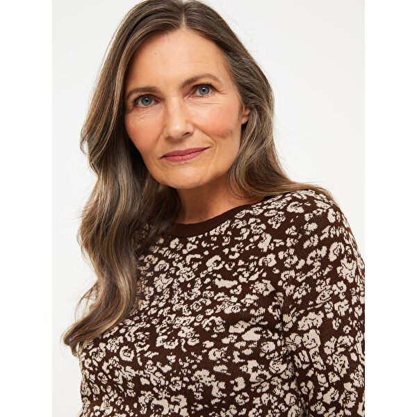 Bisiklet Yaka Desenli Uzun Kollu Kadın Triko Kazak