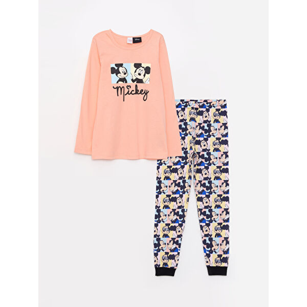 Bisiklet Yaka Mickey Mouse Baskılı Uzun Kollu Kız Çocuk Pijama Takımı