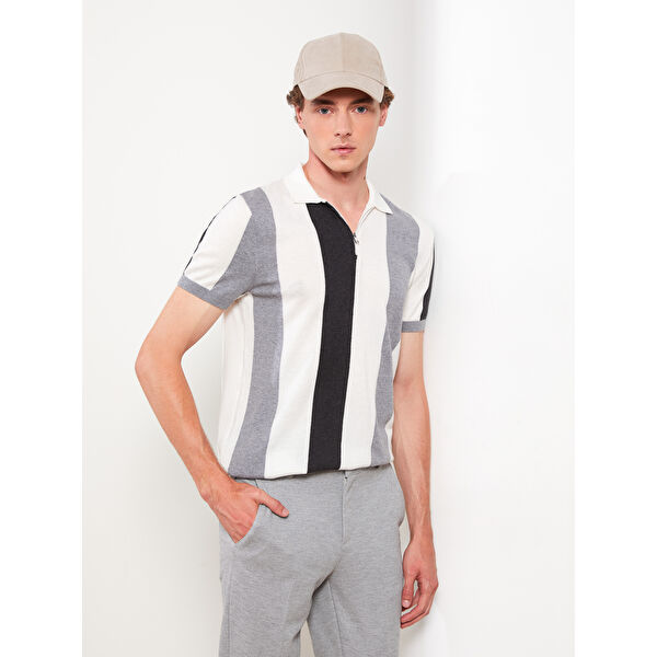 Polo Yaka Kısa Kollu Renk Bloklu Erkek Triko Kazak