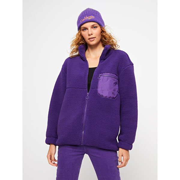 Dik Yaka Düz Uzun Kollu Polar Kadın Hırka