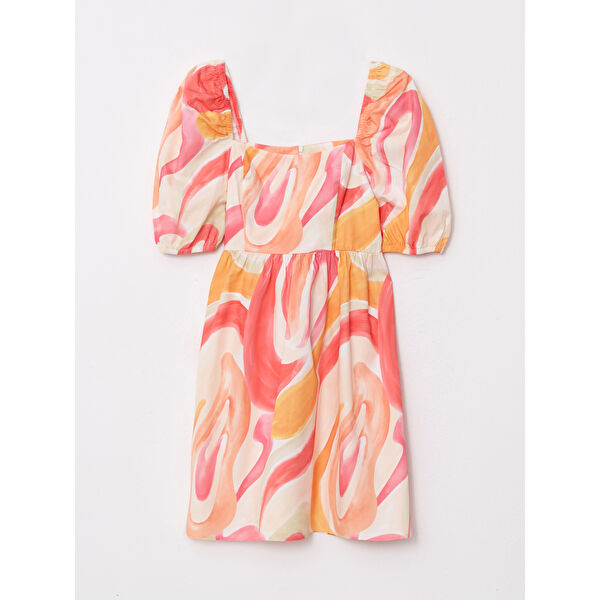 Kare Yaka Desenli Balon Kollu Poplin Kadın Elbise