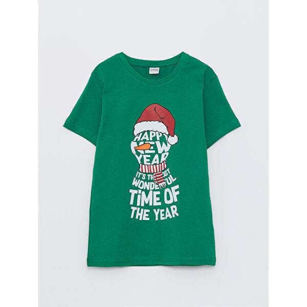 Bisiklet Yaka Yılbaşı Temalı Kısa Kollu Pamuklu Erkek Çocuk Tişört