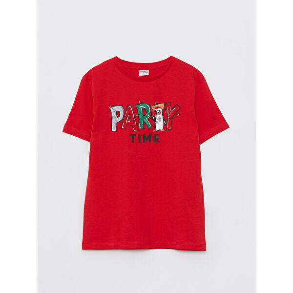 Bisiklet Yaka Yılbaşı Temalı Kısa Kollu Pamuklu Erkek Çocuk Tişört