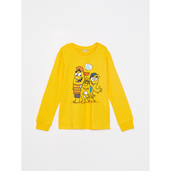 Bisiklet Yaka Baskılı Uzun Kollu Pamuklu Erkek Çocuk Tişört