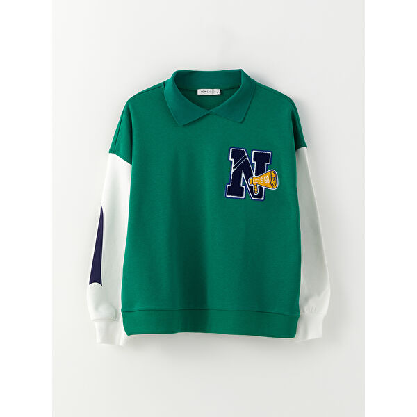 Polo Yaka Renk Bloklu Uzun Kollu Kadın Sweatshirt