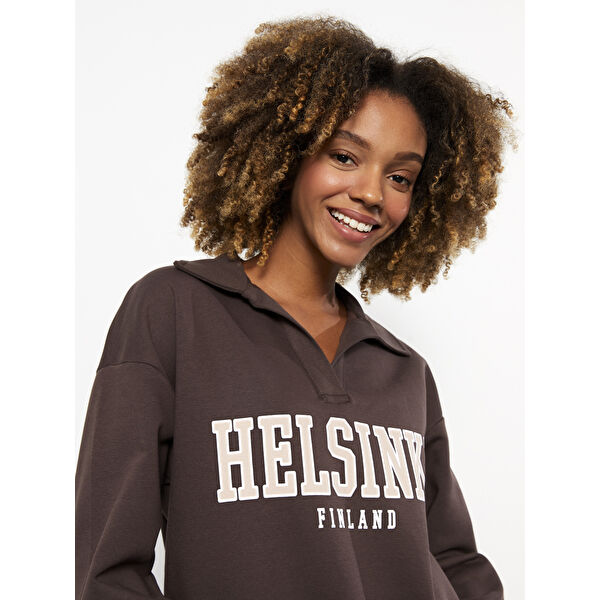 Polo Yaka Baskılı Uzun Kollu Oversize Kadın Sweatshirt