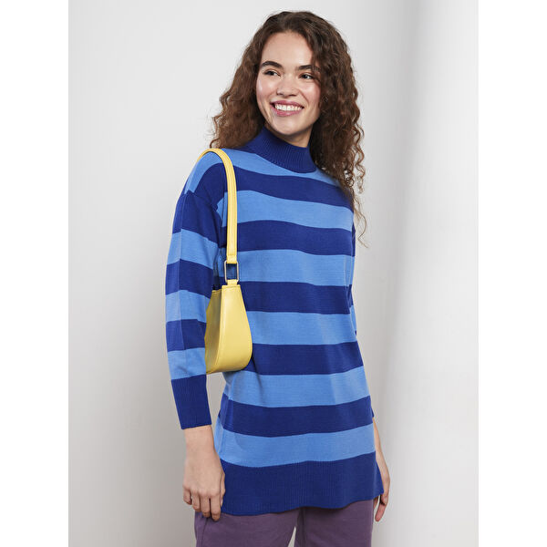 Dik Yaka Renk Bloklu Uzun Kollu Kadın Triko Tunik