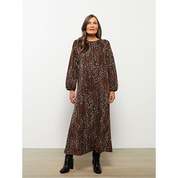 Bisiklet Yaka Desenli Uzun Kollu Kadın Elbise