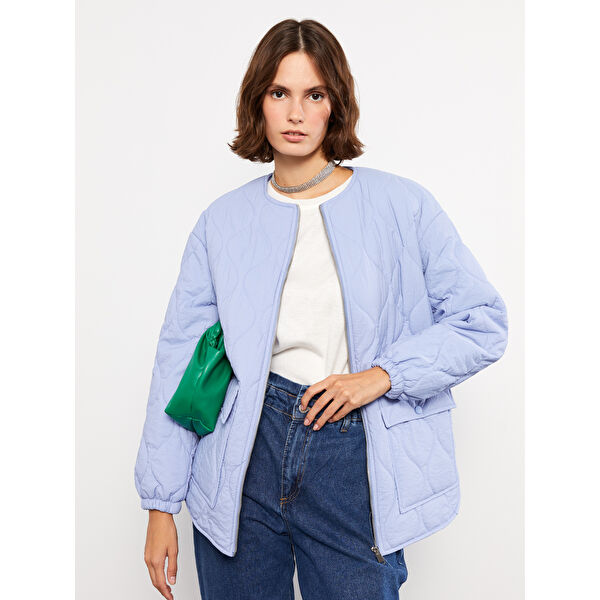 Bisiklet Yaka Kendinden Desenli Uzun Kollu Kadın Şişme Mont