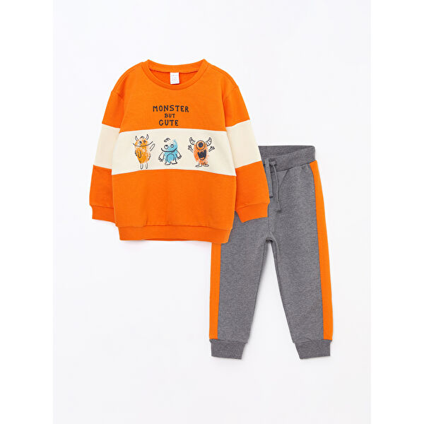 Bisiklet Yaka Uzun Kollu Baskılı Erkek Bebek Sweatshirt ve Pantolon 2'li Takım