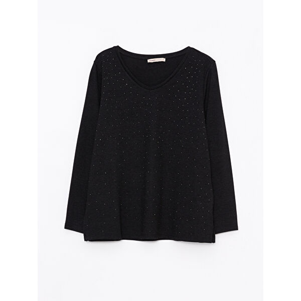 V Yaka Taş Baskılı Uzun Kollu Kadın Bluz