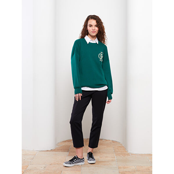 Bisiklet Yaka Nakışlı Uzun Kollu Kadın Triko Tunik